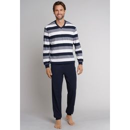 Pyjama Schiesser "Dark Sapphire", Herren, Gr. 50M, blau (803, dunkelblau), Single Jersey, Obermaterial: 100% Baumwolle, gestreift, unifarben, bequem lang, V-Ausschnitt, angesetztes B&uuml;ndchen, Homewear-Sets Pyjama, mit Blockringeln