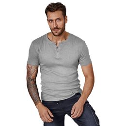 H.I.S. T-Shirt H.I.S, Damen, Gr. S, grau (grau, meliert), Feinripp, Obermaterial: 100% Baumwolle, meliert, Basic, k&ouml;rpernah normal, Rundhals, abgesteppte Kante, Shirts T-Shirt, mit aufwendiger Knopfleiste, perfekt als Unterziehshirt