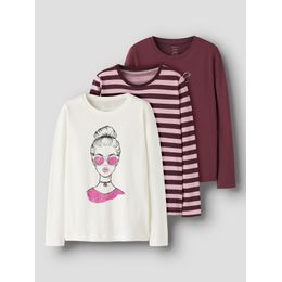 Langarmshirt name it "NKFNIANA 3P LS TOP", M&auml;dchen, Gr. 122/128, lila sachet pack:lila stripe, cloud dancer, burgundy, Jersey, Obermaterial: 100% Baumwolle, regular fit, Rundhals, Shirts Langarmshirt