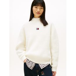Strickpullover Tommy Jeans "TJW MOCKNECK BADGE SWEATER EXT", Damen, Gr. L (40), ancient wei&szlig;, Strick, Obermaterial: 53% Polyester, 38% Nylon, 9% Wolle, unifarben, regular fit, Rundhals, Rippb&uuml;ndchen, Pullover Strickpullover
