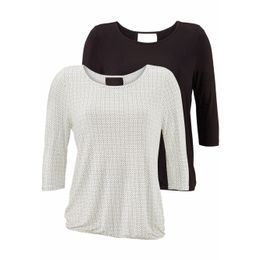 3/4-Arm-Shirt Lascana "mit modischem Cut-out", Damen, Gr. 32/34, schwarz-wei&szlig; (sanftes wei&szlig;, gemustert, schwarz), Obermaterial: 95% Viskose (LENZING&trade; ECOVERO&trade;), 5% Elasthan, gemustert, unifarben, bequem normal, Rundhals, Shirts 3/4-Arm-Shirt, aus weichem Viskose-Stretch