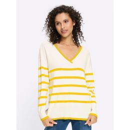 Heine Damen V-Ausschnitt-Pullover "Pullover"sonnengelb, ecru, geringelt, Gr. 44, gemustert, gestreift, 70% Viskose, 30% Polyamid, Pullover