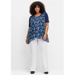 Blusenshirt sheego "Blusenshirt", Damen, Gr. 40, marine, gemustert, 95% Viskose, 5% Elasthan, Webware:100% Polyester, gebl&uuml;mt, gemustert, mehrfarbig, Rundhals, Shirts Blusenshirt