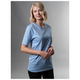 T-Shirt TRIGEMA "TRIGEMA V-Shirt DELUXE Baumwolle", Damen, Gr. L, blau (horizont), 100% Baumwolle, Basic, Shirts T-Shirt