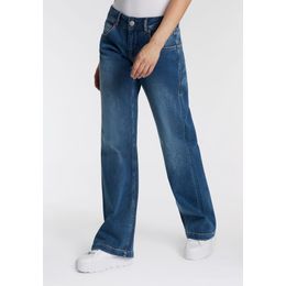 5-Pocket-Jeans Herrlicher "Edna Denim Cashmere Touch", Damen, Gr. 27, L&auml;nge 34, blau (blau dragon), Denim/Jeans, Obermaterial: 94% Baumwolle, 5% Elastomultiester, 1% Elasthan, ausgestellt lang, Jeans 5-Pocket-Jeans, im Flared Fit, Cashmere Touch