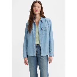 Jeansbluse LEVI'S "ESSENTIAL WESTERN", Damen, Gr. L (40), blau (old 517 blau), Denim/Jeans, Obermaterial: 100% Baumwolle, Basic, figurbetont hüftbedeckend, eckige 1-Knopf-Manschette mit Schlitz, Blusen Jeansbluse, mit Brusttaschen mit Druckknöpfen