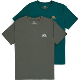 Rundhalsshirt Alpha Industries "Basic T Small Logo 2 Pack", Herren, Gr. 3XL, gr&uuml;n (schwarz olive, force gr&uuml;n), Single Jersey, Obermaterial: 100% Baumwolle, bedruckt, regular fit normal, Rundhals, Shirts Rundhalsshirt