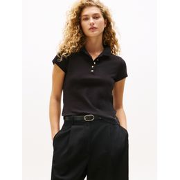 Poloshirt Tommy Hilfiger "GOLD BUTTON SLIM SS POLO", Damen, Gr. L (40), schwarz, Single Jersey, Obermaterial: 96% Baumwolle, 4% Elasthan, unifarben, slim fit, Shirts, mit goldfarbenen Knopf