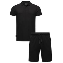 Poloshirt Ragwear "Set Porpi", Herren, Gr. XXXL (58), schwarz, Material: 50% Baumwolle, 50% Polyester, bequem knieumspielend, tiefer V-Ausschnitt, eng, Shirts, Modisches Herren Set aus Hemd und kurzer Hose