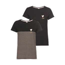 T-Shirt Kangaroos, Damen, Gr. 40/42, schwarz (schwa, rosa, gestreift, schwarz), Single Jersey, Obermaterial: 50% Baumwolle, 50% Modal, bestickt, gestreift, figurbetont hüftlang, U-Boot-Ausschnitt, Shirts T-Shirt, aus weicher Baumwollware