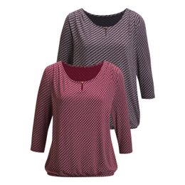 Rundhalsshirt Vivance "mit goldfarbenem Zierknopf am Ausschnitt", Damen, Gr. 48/50, transparent (beere, navy), Obermaterial: 95% Viskose (LENZING&trade; ECOVERO&trade;), 5% Elasthan, bedruckt, figurumspielend normal, Rundhals, Shirts Rundhalsshirt, aus weichem Viskose-Stretch