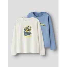 Langarmshirt name it "NKMVUX 2P LS TOP", Jungen, Gr. 122/128, cloud dancer pack:endless sky, Jersey, Obermaterial: 95% Baumwolle, 5% Elasthan, bedruckt, regular fit normal, Rundhals, Shirts Langarmshirt