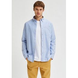 Langarmhemd Selected "SLHREGRICK-OX SHIRT LS NOOS", Herren, Gr. M, N-Gr, blau (hellblau), Web, Obermaterial: 97% Baumwolle, 3% Elasthan, gestreift, regular fit normal, ohne Ausschnitt, 1-Knopf-Manschette, Hemden, mit Brusttasche