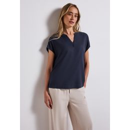 Kurzarmbluse Street One, Damen, Gr. 40, blau (tiefblau), Web, Obermaterial: 100% Viskose, unifarben, l&auml;ssig geschnitten h&uuml;ftbedeckend, Rundhals, Blusen, Split Neck