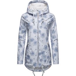 Outdoorjacke Ragwear "Zuzka Flower", Damen, Gr. M (38), blau (hellblau), Au&szlig;enmaterial: 100% Polyester. Innenfutter: 100% Polyester, tailliert Po-bedeckend, &Auml;rmel ohne &Auml;rmelschlitz normaler Saum mit Druckknopf, Jacken Outdoorjacke, stylische &Uuml;bergangsjacke mit gro&szlig;er Kapuze