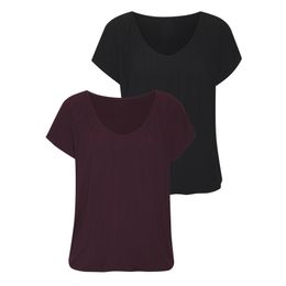 Kurzarmshirt Lascana, Damen, Gr. 32/34, lila (aubergine, schwarz), Jersey, Obermaterial: 95% Viskose (LENZING&trade; ECOVERO&trade;), 5% Elasthan, unifarben, Basic, figurumspielend normal, V-Ausschnitt, angeschnitten, Shirts, mit Gummizug am Bund