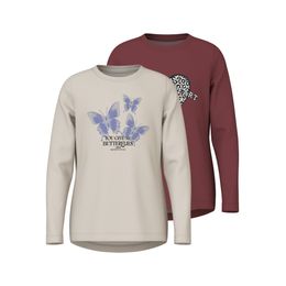 Langarmshirt name it "NKFVIX 2P LS TOP", M&auml;dchen, Gr. 158/164, oxblood rot pack:pumice stone, Jersey, Obermaterial: 95% Baumwolle, 5% Elasthan, bedruckt, normal normal, Rundhals, Shirts Langarmshirt