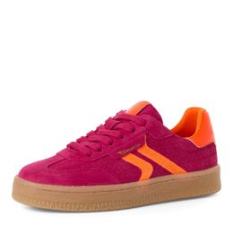 Tamaris Damen Plateausneaker, Gr. 42pink, neonorange, Glattleder, Veloursleder, Fischgratmuster, unifarben mit Farbeinsatz, Schuhe