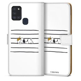 DeinDesign Galaxy A21s Handy Klapph&uuml;lle Handyh&uuml;lle aus Kunst Leder wei&szlig; Flip Case Snoopy Dog Peanuts Sideflip mit Lasche