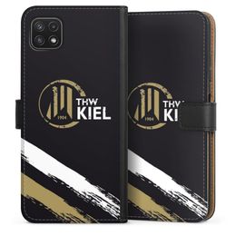 DeinDesign Galaxy A22 5G Handy Klapph&uuml;lle Handyh&uuml;lle aus Kunst Leder schwarz Flip Case Thw Kiel Handball Logo Sideflip mit langer Lasche
