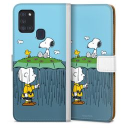 DeinDesign Galaxy A21s Handy Klapph&uuml;lle Handyh&uuml;lle aus Kunst Leder wei&szlig; Flip Case Peanuts Children Snoopy Sideflip mit Lasche