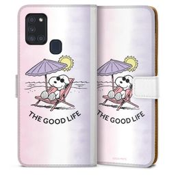 DeinDesign Galaxy A21s Handy Klapph&uuml;lle Handyh&uuml;lle aus Kunst Leder wei&szlig; Flip Case Snoopy Official Licensed Product Peanuts Sideflip mit Lasche