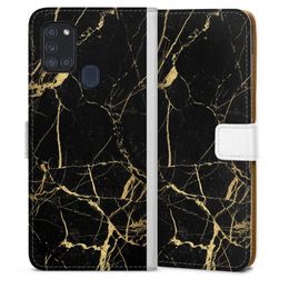 DeinDesign Galaxy A21s Handy Klapph&uuml;lle Handyh&uuml;lle aus Kunst Leder wei&szlig; Flip Case Marble Muster Black Sideflip mit Lasche