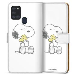 DeinDesign Galaxy A21s Handy Klapph&uuml;lle Handyh&uuml;lle aus Kunst Leder wei&szlig; Flip Case Snoopy Love Peanuts Sideflip mit Lasche