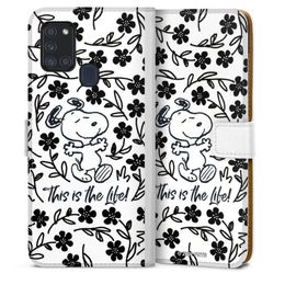 DeinDesign Galaxy A21s Handy Klapph&uuml;lle Handyh&uuml;lle aus Kunst Leder wei&szlig; Flip Case Peanuts Flowers Snoopy Sideflip mit Lasche