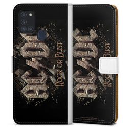 DeinDesign Galaxy A21s Handy Klapph&uuml;lle Handyh&uuml;lle aus Kunst Leder wei&szlig; Flip Case Official Licensed Product Rock Or Bust Acdc Sideflip mit Lasche