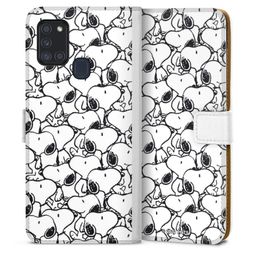 DeinDesign Galaxy A21s Handy Klapph&uuml;lle Handyh&uuml;lle aus Kunst Leder wei&szlig; Flip Case Peanuts Snoopy Muster Sideflip mit Lasche