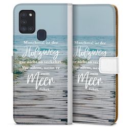 DeinDesign Galaxy A21s Handy Klapph&uuml;lle Handyh&uuml;lle aus Kunst Leder wei&szlig; Flip Case Statement Beach Spruch Sideflip mit Lasche
