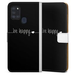 DeinDesign Galaxy A21s Handy Klapph&uuml;lle Handyh&uuml;lle aus Kunst Leder wei&szlig; Flip Case Statement Sayings Happiness Sideflip mit Lasche