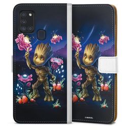 DeinDesign Galaxy A21s Handy Klapph&uuml;lle Handyh&uuml;lle aus Kunst Leder wei&szlig; Flip Case Baby Groot Marvel Guardians Of The Galaxy Sideflip mit Lasche