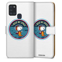 DeinDesign Galaxy A21s Handy Klapph&uuml;lle Handyh&uuml;lle aus Kunst Leder wei&szlig; Flip Case Peanuts Weltall Snoopy Sideflip mit Lasche
