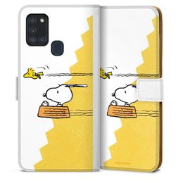 DeinDesign Galaxy A21s Handy Klapph&uuml;lle Handyh&uuml;lle aus Kunst Leder wei&szlig; Flip Case Snoopy Peanuts Children Sideflip mit Lasche