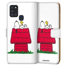 DeinDesign Galaxy A21s Handy Klapph&uuml;lle Handyh&uuml;lle aus Kunst Leder wei&szlig; Flip Case Snoopy Peanuts Official Licensed Product Sideflip mit Lasche