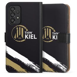 DeinDesign Galaxy A33 5G Handy Klapph&uuml;lle Handyh&uuml;lle aus Kunst Leder schwarz Flip Case Thw Kiel Handball Logo Sideflip mit langer Lasche