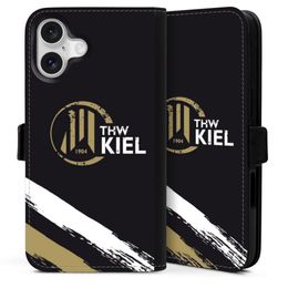 DeinDesign iPhone 16 Plus Handy Klapph&uuml;lle Handyh&uuml;lle aus Kunst Leder schwarz Flip Case Logo Handball Thw Kiel Sideflip mit Lasche