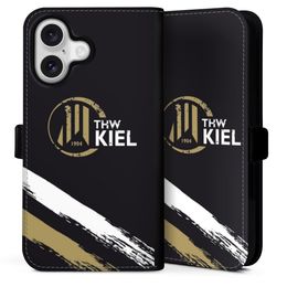 DeinDesign iPhone 16 Handy Klapph&uuml;lle Handyh&uuml;lle aus Kunst Leder schwarz Flip Case Logo Handball Thw Kiel Sideflip mit Lasche