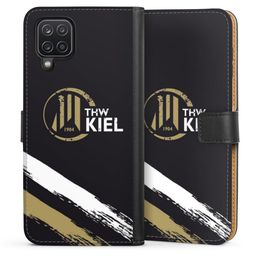 DeinDesign Galaxy A12 Handy Klapph&uuml;lle Handyh&uuml;lle aus Kunst Leder schwarz Flip Case Thw Kiel Handball Logo Sideflip mit langer Lasche