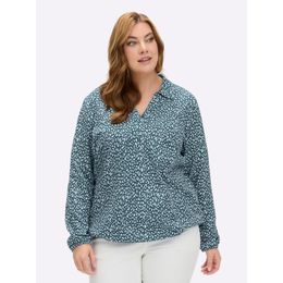 sheego Gro&szlig;e Gr&ouml;&szlig;en Langarmshirt mit Gummib&uuml;ndchen, bedruckt, petrol-wei&szlig;-bedruckt, Gr&ouml;&szlig;e 52 - Damen