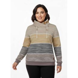 sheego Gro&szlig;e Gr&ouml;&szlig;en Sweatshirt mit Zierkn&ouml;pfen am Kragen, dunkeltaupe-sesam-bedruckt, Gr&ouml;&szlig;e 44 - Damen