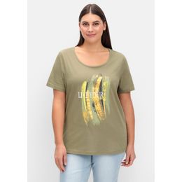 sheego Gro&szlig;e Gr&ouml;&szlig;en Kurzarmshirt mit Glitzer-Print, khaki-limone, Gr&ouml;&szlig;e 48 - Damen