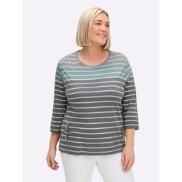 sheego Gro&szlig;e Gr&ouml;&szlig;en 3/4-Arm-Shirt mit 2 imitierten Taschen, grau-mint-gestreift, Gr&ouml;&szlig;e 44 - Damen