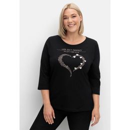 sheego Gro&szlig;e Gr&ouml;&szlig;en 3/4-Arm-Shirt mit Herz-Motiv, schwarz-beige, Gr&ouml;&szlig;e 46 - Damen