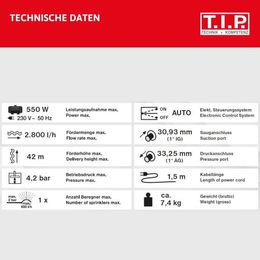 T.I.P. HWA 3000 INOX Hauswasserautomat - Edelstahl 31142, 2.800 l/h, 42 m F&ouml;rderh&ouml;he, 550 W, Trockenlaufschutz