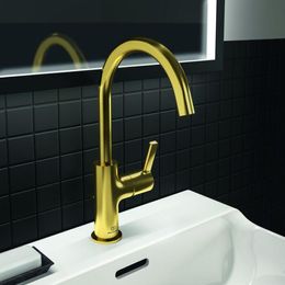 Ideal Standard Joy Waschtischarmatur BC777A2 hoher Auslauf, schwenkbar, mit Ablaufgarnitur, Ausladung 169mm, Brushed Gold