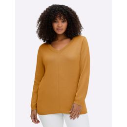 sheego Gro&szlig;e Gr&ouml;&szlig;en V-Ausschnitt-Pullover mit Biesen vorne, curry, Gr&ouml;&szlig;e 48 - Damen