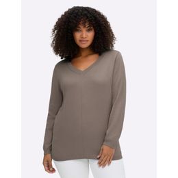 sheego Gro&szlig;e Gr&ouml;&szlig;en V-Ausschnitt-Pullover mit Biesen vorne, taupe, Gr&ouml;&szlig;e 52 - Damen